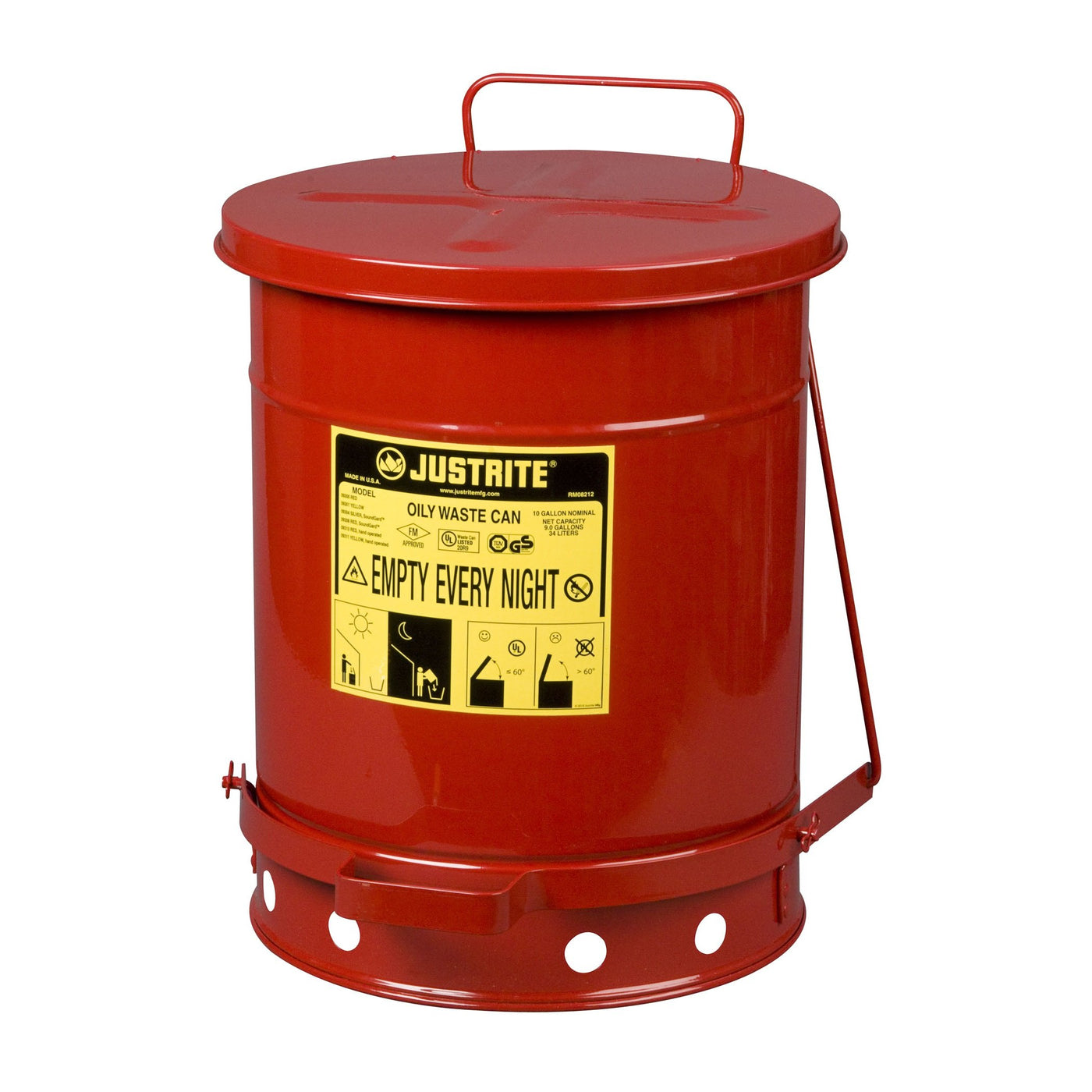 Justrite 09300 Oily Waste Can, 10 gallon, Foot-Operated Self-Closing C ...