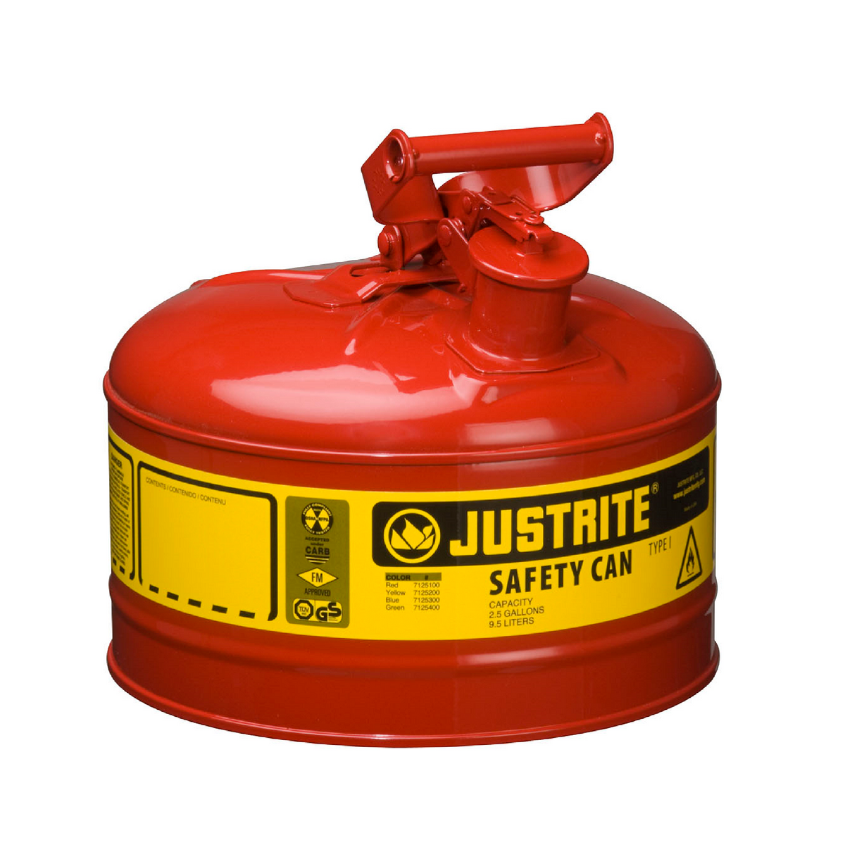 Justrite 7125100 Type I Steel Safety Can for Flammables, 2.5 Gallon, R ...
