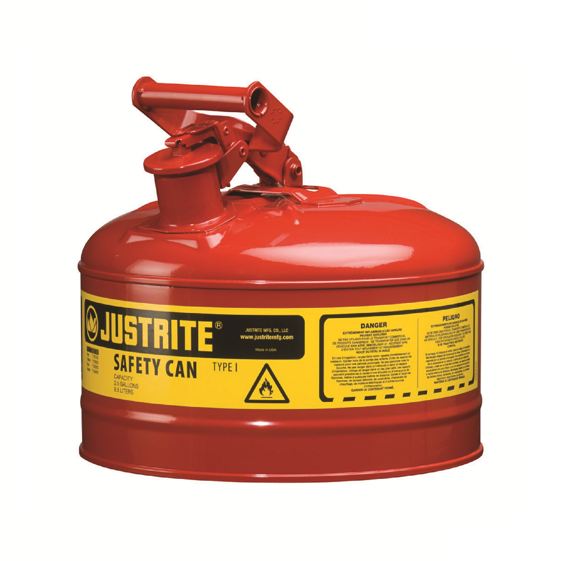 Justrite 7125100 Type I Steel Safety Can for Flammables, 2.5 Gallon, R ...